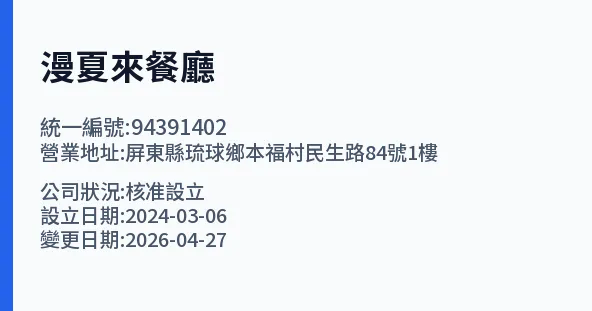 漫夏來餐廳的照片-統編 94391402(屏東縣) 公司登記資料與營業項目詳細圖表