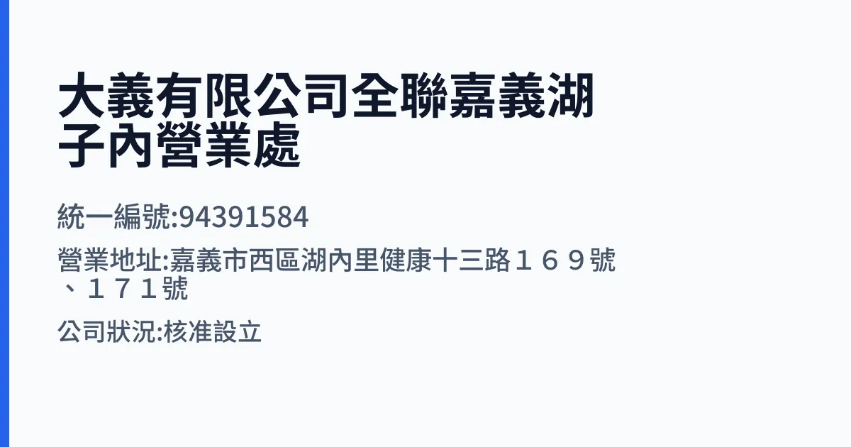大義有限公司全聯嘉義湖子內營業處 - 統編 94391584(嘉義市) 公司登記資料與營業項目詳細圖表