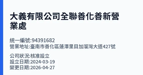 大義有限公司全聯善化善新營業處的照片-統編 94391682(臺南市) 公司登記資料與營業項目詳細圖表