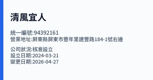 清風宜人的照片-統編 94392161(屏東縣) 公司登記資料與營業項目詳細圖表