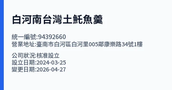 白河南台灣土魠魚羹的照片-統編 94392660(臺南市) 公司登記資料與營業項目詳細圖表