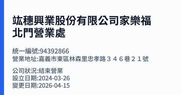 竑穗興業股份有限公司家樂福北門營業處的照片-統編 94392866(嘉義市) 公司登記資料與營業項目詳細圖表
