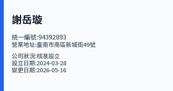 謝岳璇的照片-統編 94392893(臺南市) 公司登記資料與營業項目詳細圖表