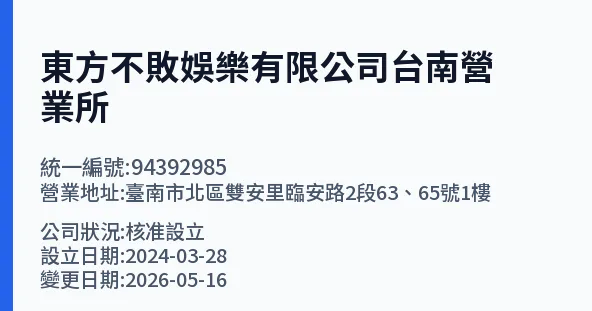東方不敗娛樂有限公司台南營業所的照片-統編 94392985(臺南市) 公司登記資料與營業項目詳細圖表