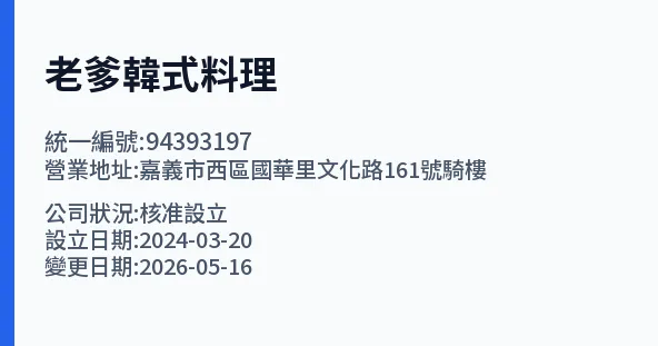 老爹韓式料理的照片-統編 94393197(嘉義市) 公司登記資料與營業項目詳細圖表