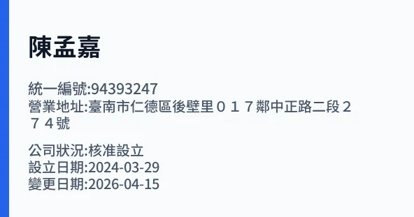 陳孟嘉的照片-統編 94393247(臺南市) 公司登記資料與營業項目詳細圖表