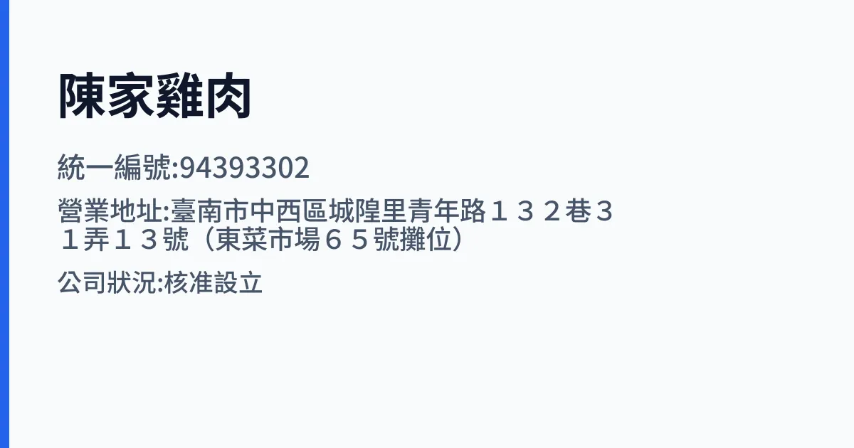 陳家雞肉 - 統編 94393302(臺南市) 公司登記資料與營業項目詳細圖表
