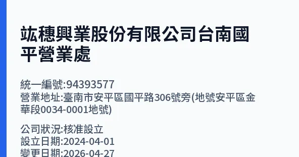 竑穗興業股份有限公司台南國平營業處的照片-統編 94393577(臺南市) 公司登記資料與營業項目詳細圖表