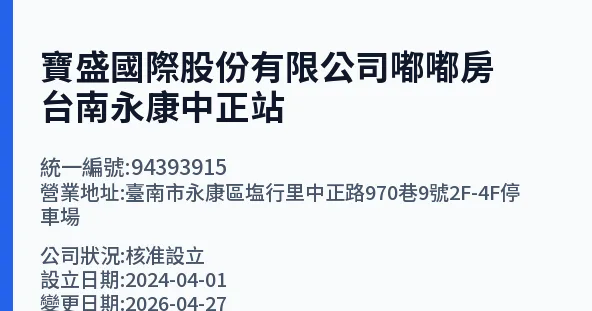 寶盛國際股份有限公司嘟嘟房台南永康中正站的照片-統編 94393915(臺南市) 公司登記資料與營業項目詳細圖表