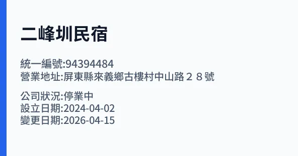 二峰圳民宿的照片-統編 94394484(屏東縣) 公司登記資料與營業項目詳細圖表