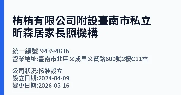 栯栯有限公司附設臺南市私立昕森居家長照機構的照片-統編 94394816(臺南市) 公司登記資料與營業項目詳細圖表