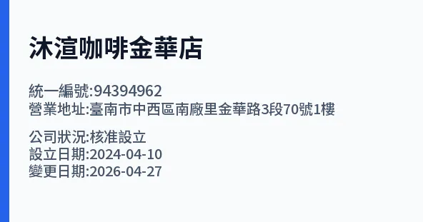 沐渲咖啡金華店的照片-統編 94394962(臺南市) 公司登記資料與營業項目詳細圖表
