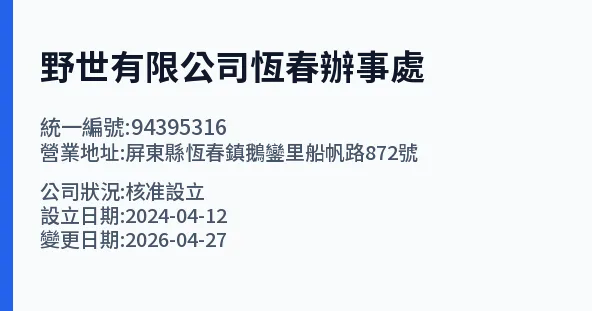 野世有限公司恆春辦事處的照片-統編 94395316(屏東縣) 公司登記資料與營業項目詳細圖表