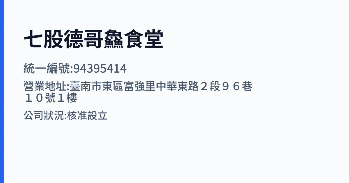 七股德哥鱻食堂 - 統編 94395414（臺南市） 公司登記資料與營業項目詳細圖表
