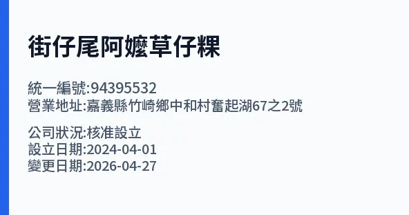 街仔尾阿嬤草仔粿的照片-統編 94395532(嘉義縣) 公司登記資料與營業項目詳細圖表
