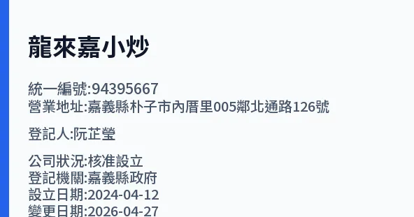 龍來嘉小炒的照片-統編 94395667(嘉義縣) 公司登記資料與營業項目詳細圖表