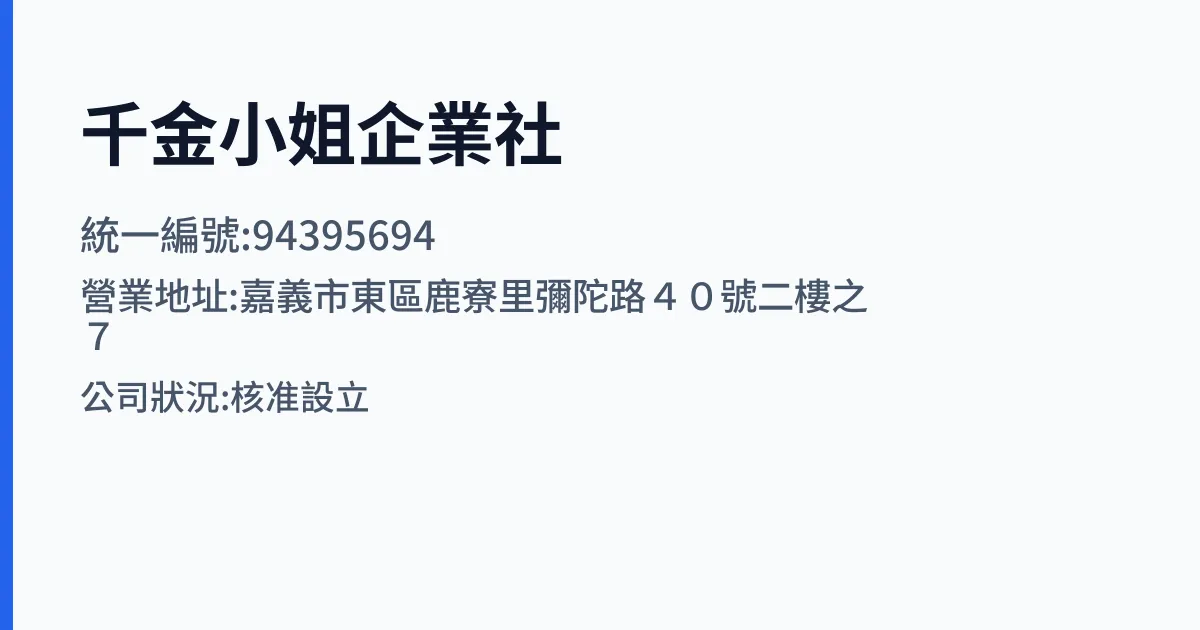 千金小姐企業社 - 統編 94395694(嘉義市) 公司登記資料與營業項目詳細圖表