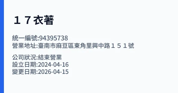 １７衣著的照片-統編 94395738(臺南市) 公司登記資料與營業項目詳細圖表