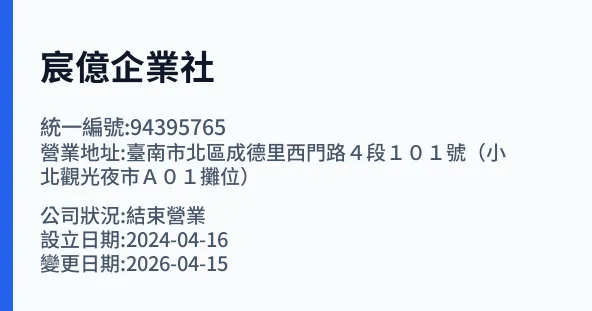 宸億企業社的照片-統編 94395765(臺南市) 公司登記資料與營業項目詳細圖表