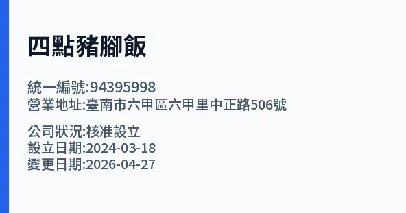 四點豬腳飯的照片-統編 94395998(臺南市) 公司登記資料與營業項目詳細圖表