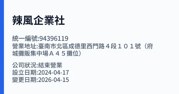 辣風企業社的照片-統編 94396119(臺南市) 公司登記資料與營業項目詳細圖表