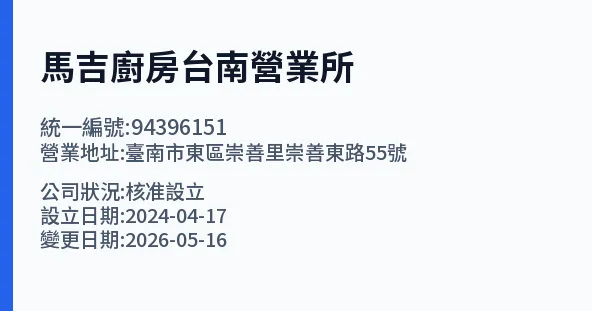 馬吉廚房台南營業所的照片-統編 94396151(臺南市) 公司登記資料與營業項目詳細圖表