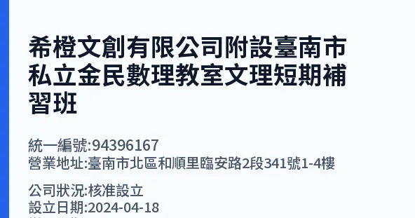 希橙文創有限公司附設臺南市私立金民數理教室文理短期補習班的照片-統編 94396167(臺南市) 公司登記資料與營業項目詳細圖表