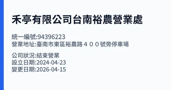 禾亭有限公司台南裕農營業處的照片-統編 94396223(臺南市) 公司登記資料與營業項目詳細圖表