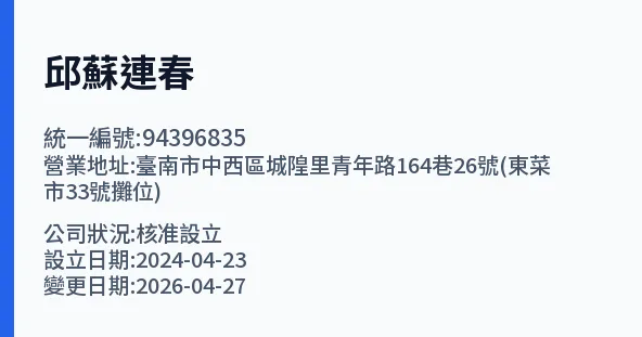 邱蘇連春的照片-統編 94396835(臺南市) 公司登記資料與營業項目詳細圖表