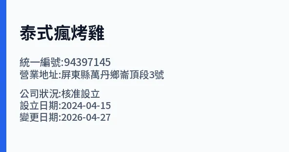 泰式瘋烤雞的照片-統編 94397145(屏東縣) 公司登記資料與營業項目詳細圖表