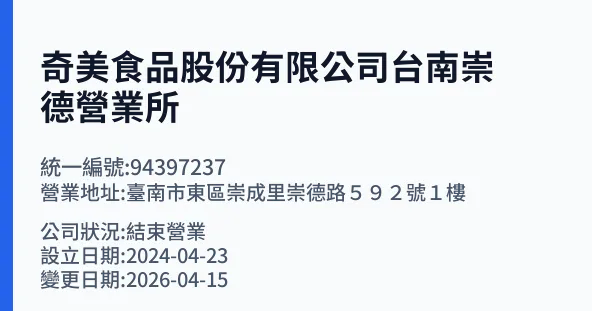 奇美食品股份有限公司台南崇德營業所的照片-統編 94397237(臺南市) 公司登記資料與營業項目詳細圖表