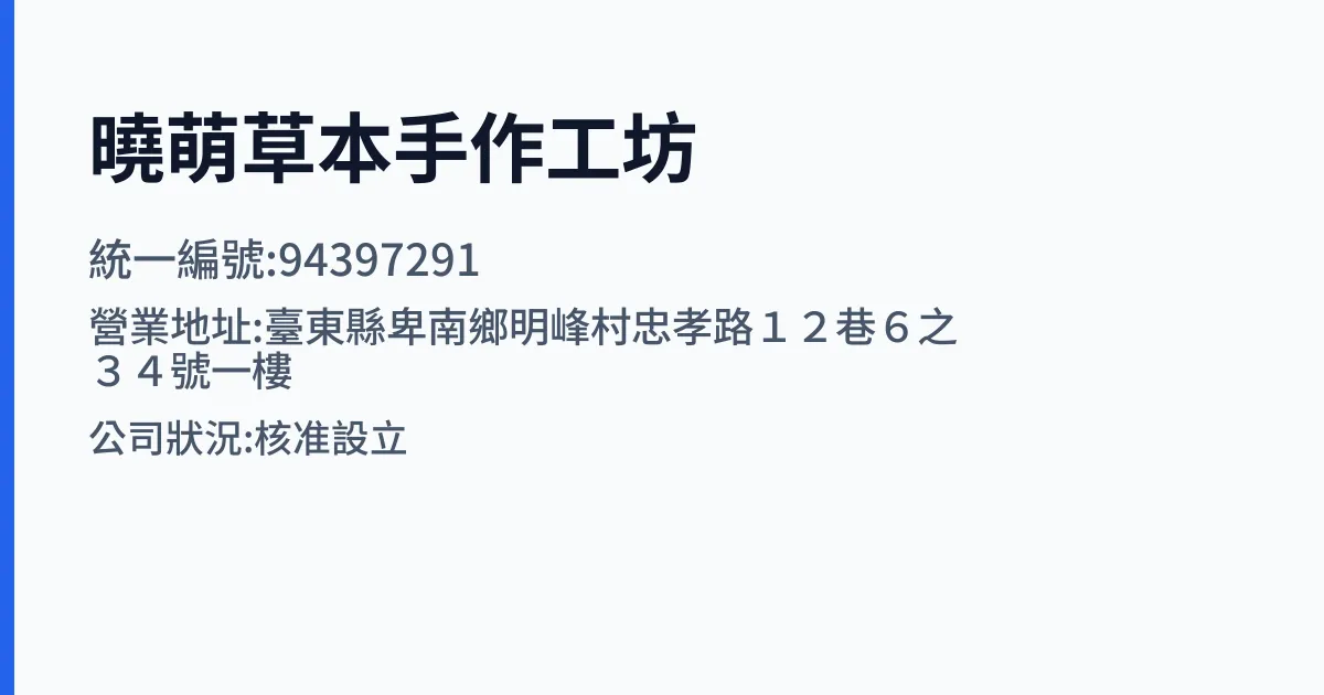 曉萌草本手作工坊 - 統編 94397291（臺東縣） 公司登記資料與營業項目詳細圖表