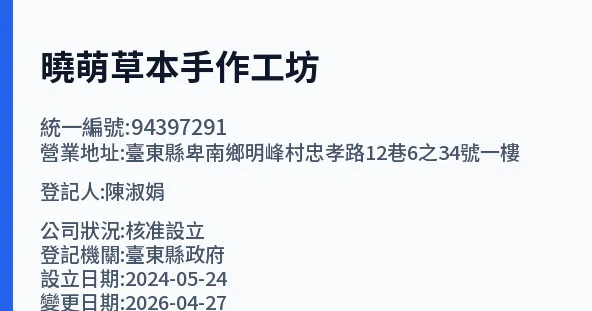 曉萌草本手作工坊的照片-統編 94397291(臺東縣) 公司登記資料與營業項目詳細圖表