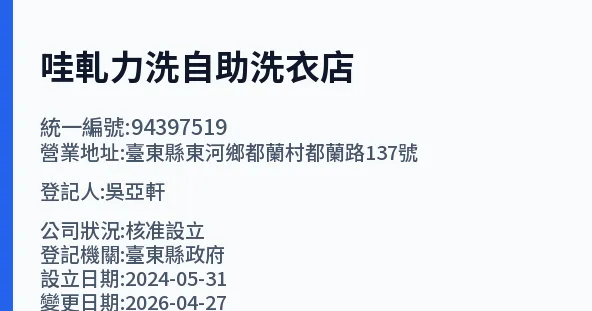 哇軋力洗自助洗衣店的照片-統編 94397519(臺東縣) 公司登記資料與營業項目詳細圖表
