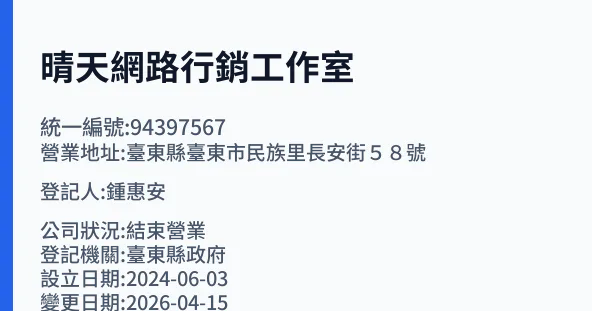 晴天網路行銷工作室的照片-統編 94397567(臺東縣) 公司登記資料與營業項目詳細圖表