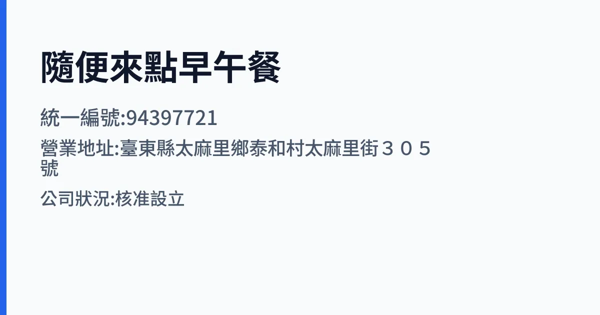 隨便來點早午餐 - 統編 94397721(臺東縣) 公司登記資料與營業項目詳細圖表