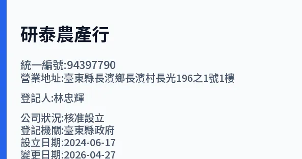 研泰農產行的照片-統編 94397790(臺東縣) 公司登記資料與營業項目詳細圖表