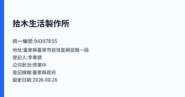 拾木生活製作所的照片-統編 94397855(臺東縣) 公司登記資料與營業項目詳細圖表