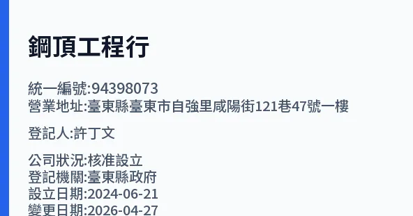 鋼頂工程行的照片-統編 94398073(臺東縣) 公司登記資料與營業項目詳細圖表