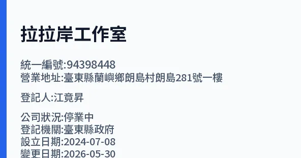 拉拉岸工作室的照片-統編 94398448(臺東縣) 公司登記資料與營業項目詳細圖表