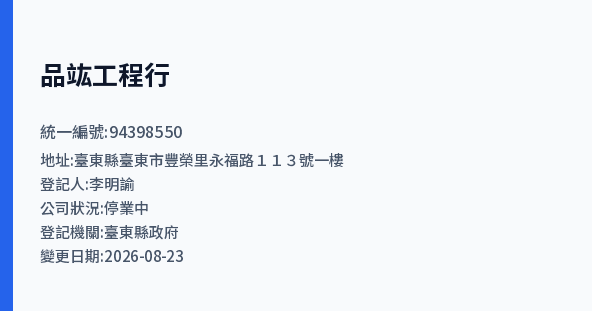 品竑工程行的照片-統編 94398550(臺東縣) 公司登記資料與營業項目詳細圖表