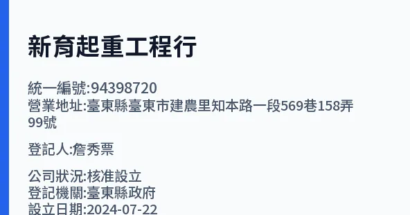 新育起重工程行的照片-統編 94398720(臺東縣) 公司登記資料與營業項目詳細圖表