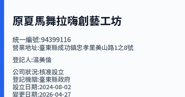 原夏馬舞拉嗨創藝工坊的照片-統編 94399116(臺東縣) 公司登記資料與營業項目詳細圖表