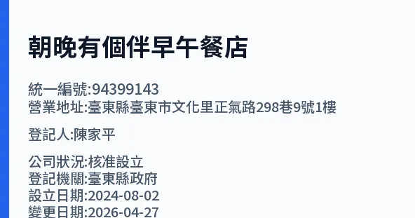 朝晚有個伴早午餐店的照片-統編 94399143(臺東縣) 公司登記資料與營業項目詳細圖表