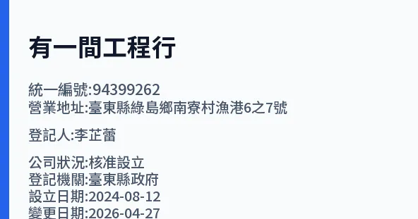 有一間工程行的照片-統編 94399262(臺東縣) 公司登記資料與營業項目詳細圖表