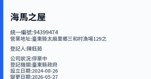 海馬之屋的照片-統編 94399474(臺東縣) 公司登記資料與營業項目詳細圖表
