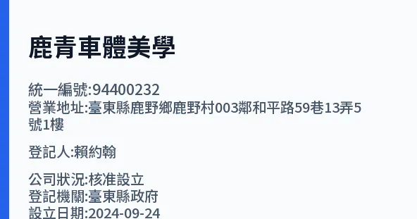 鹿青車體美學的照片-統編 94400232(臺東縣) 公司登記資料與營業項目詳細圖表