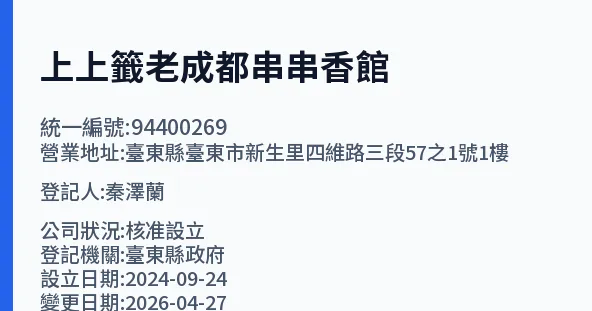 上上籤老成都串串香館的照片-統編 94400269(臺東縣) 公司登記資料與營業項目詳細圖表