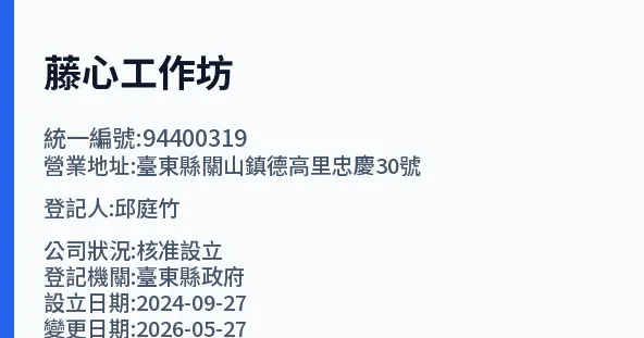 藤心工作坊的照片-統編 94400319(臺東縣) 公司登記資料與營業項目詳細圖表