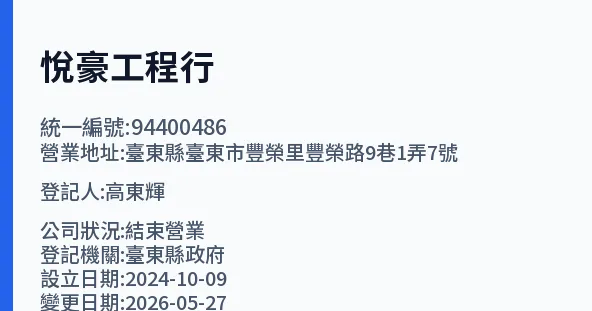 悅豪工程行的照片-統編 94400486(臺東縣) 公司登記資料與營業項目詳細圖表